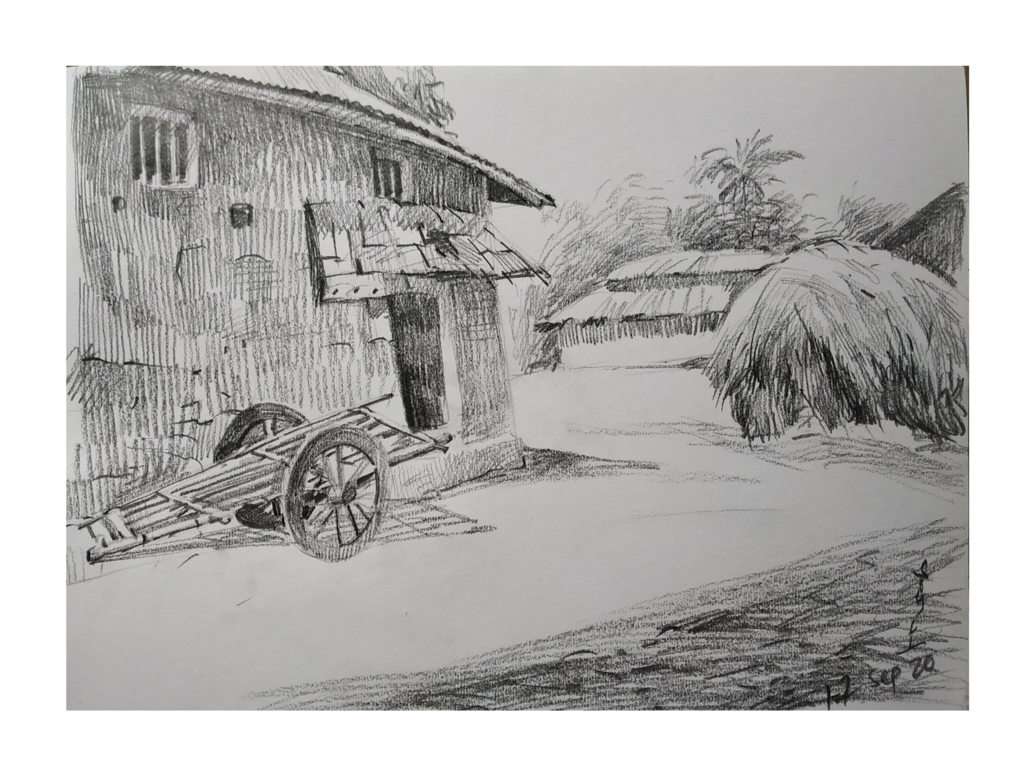 Pencil Sketch Of Indian Village Scenery
