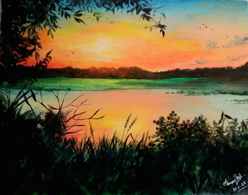 Buy The Sunset (ART-15408-103014) - Handpainted Art Painting - 10in X 9in Handmade Painting by ...
