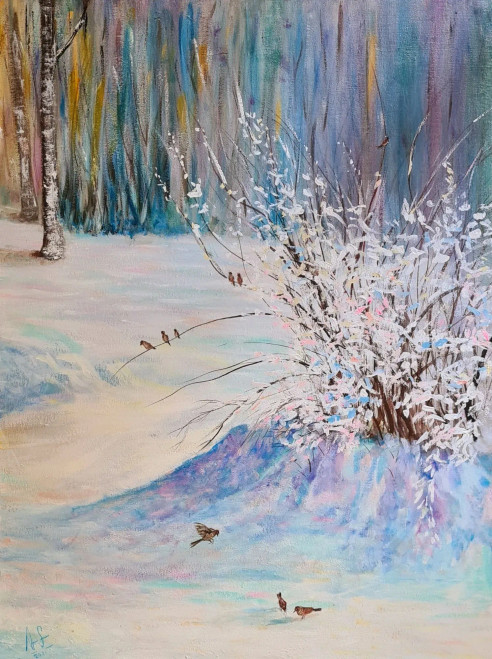Buy Bird And Snow - Impressionist Winter Scene Painting Online | Fizdi