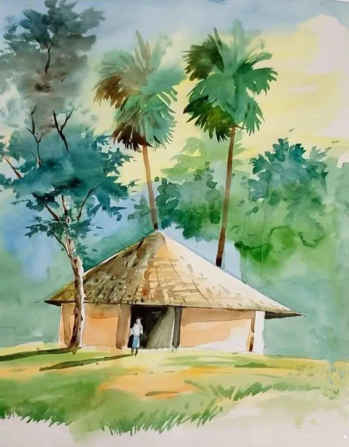 Buy Hut - Watercolor Landscape Painting Online | Fizdi