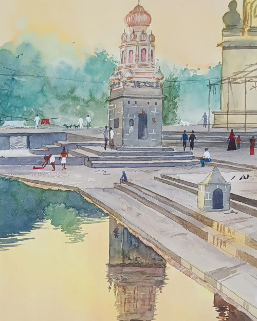 Buy Lakeside Temple - Watercolor, Realism Painting Online | Fizdi