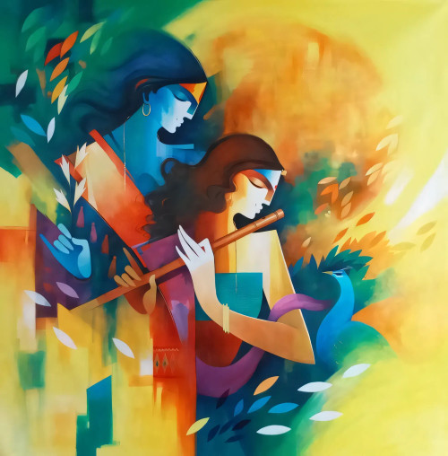 Buy Lord Krishna Playing Flute - Abstract, Modern, Spiritual Painting ...
