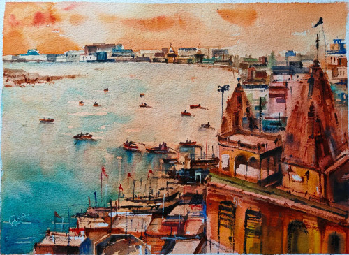 Buy Bird's Eye View Of Varanasi - Impressionist Watercolor Painting ...