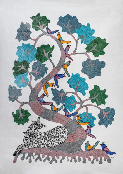 Buy Small Deer Relaxing Under Tree Beautiful Gond Art Painting - Gond ...