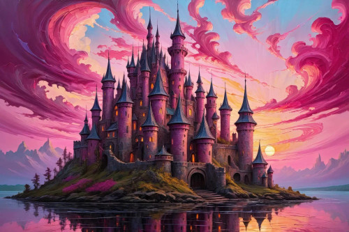 Buy Fiery Dawn Over Enchanted Spire 03 - Fantasy, Surreal Painting ...