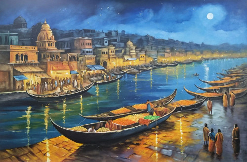 Buy Banaras Ghat In Night View - Realism, Nightscapes Painting Online ...