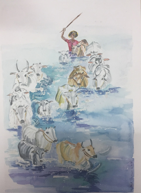 Buy The Cow Crossing Handmade Painting by Mythili Raman. Code:ART_4376 ...
