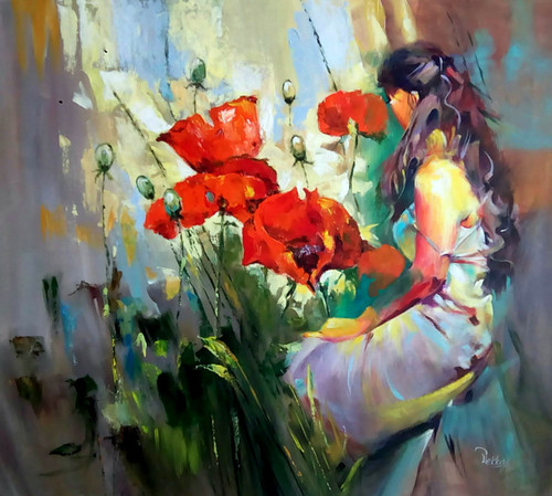 Buy Lady With Red Flowers - Handpainted Art Painting - 32in X 28in ...