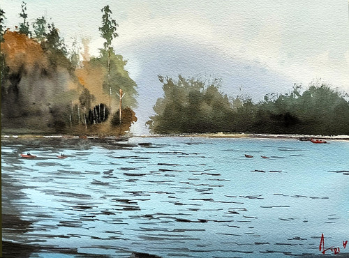 Buy Landscape Blue - Watercolor, Landscape, Realism Painting Online | Fizdi