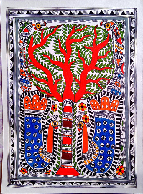 Buy Madhubani Painting 'four Peacocks And Tree' - Traditional Folk Art ...