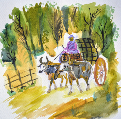 Buy A Village Scene In An Bullock Cart - Watercolor, Impressionistic ...