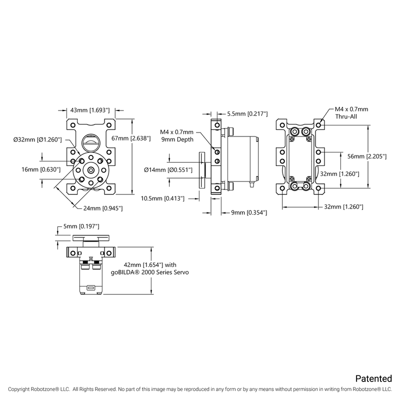 Compact Servoblock® 43mm Width For Standard Size H25t Spline Servo