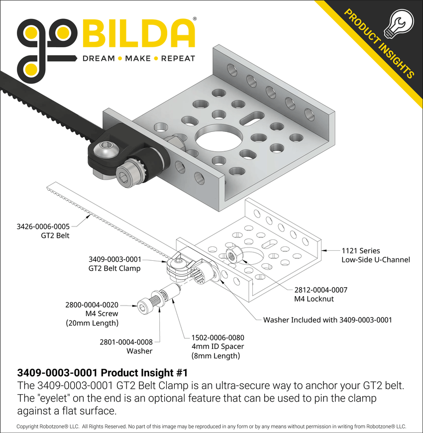 2mm Pitch GT2 Timing Belt Clamp (3-1) - 2 Pack - goBILDA®