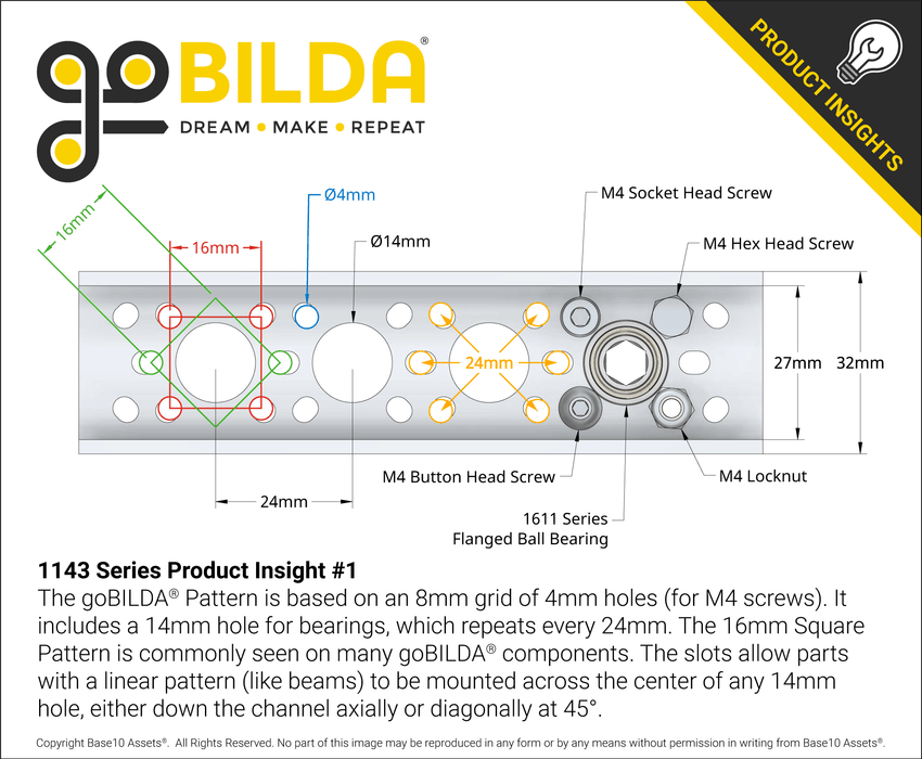 1143 Series Mini Low-Side U-Channel (7 Hole, 192mm Length) - goBILDA®