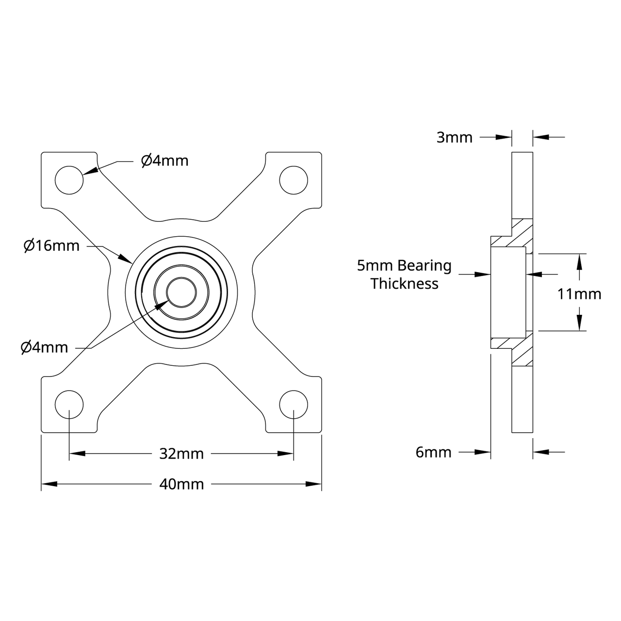 4mm Bore Face Thru Hole Pillow Block 32mm X 32mm Mounting Pattern