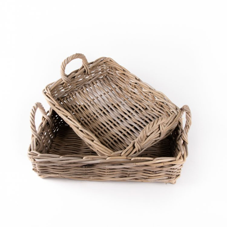 Grey Rattan Tray Baskets (Set of 2)