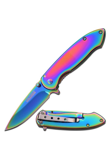 SPRING ASSISTED KNIFE WITH RAINBOW TITANIUM COATED BLADE AND RAINBOW ...