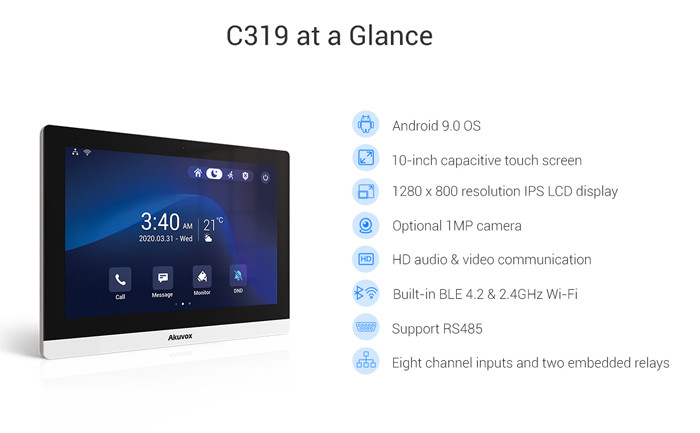 Akuvox C319 is a 10” Android indoor monitor with smart intercom features