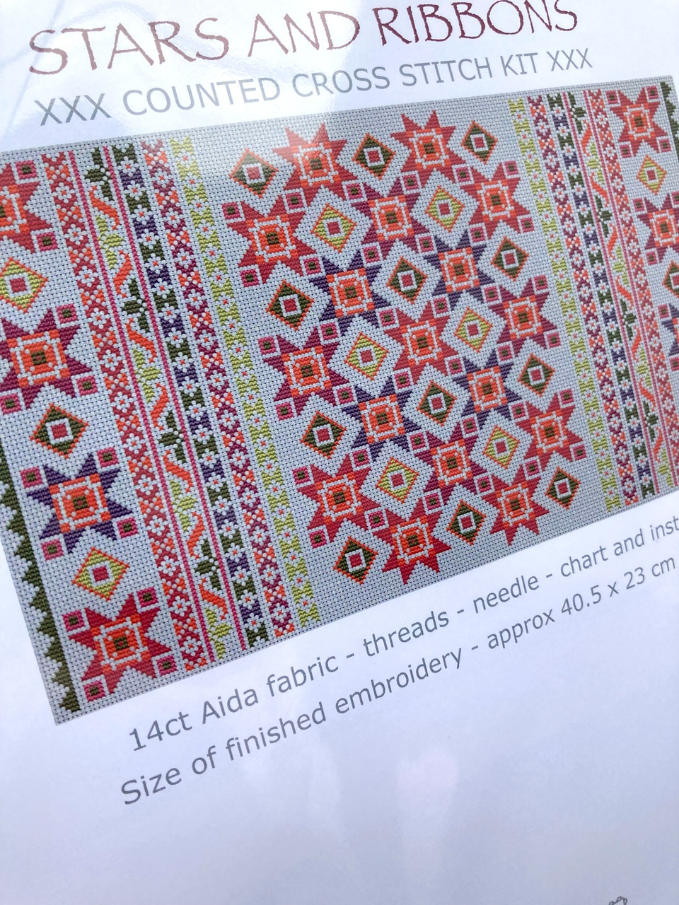 CROSS STITCH KIT 14ct Grey AIDA Stars and Ribbons - Riverdrift Needlework