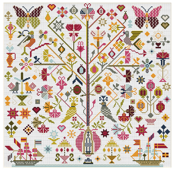 CROSS STITCH KIT 14ct AIDA Tree of Flowers Sampler - Riverdrift Needlework