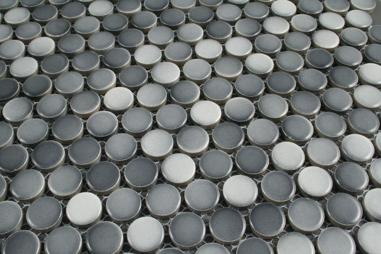 Medium Mixed Grey Gloss Penny Round Tiles