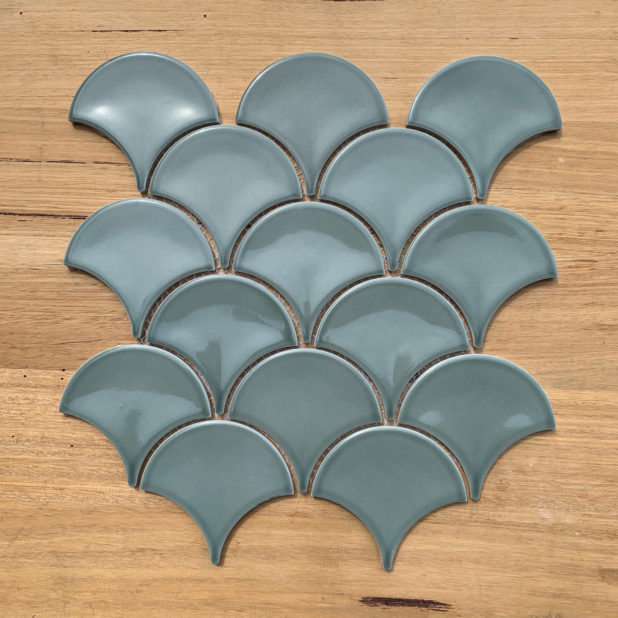 Sage Green Fan Mosaic Wall Tile - Concave Gloss Surface