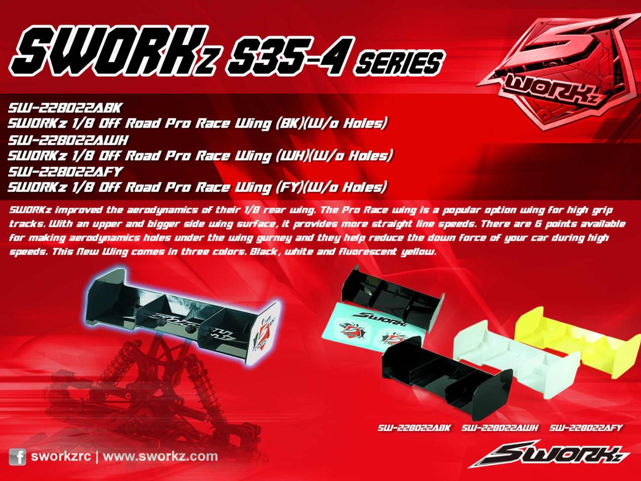 SWORKz 1/8 Off Road Pro Race Wing Yellow (SW228022AFY)