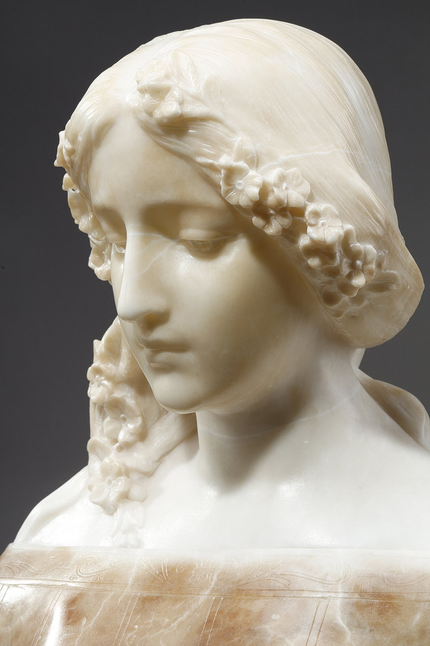 Sculpture polychrome en albâtre de buste de femme signée GORY, 19e