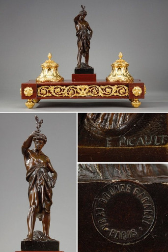 Encrier de bureau et bronze "Per laborem" signé E. Picault