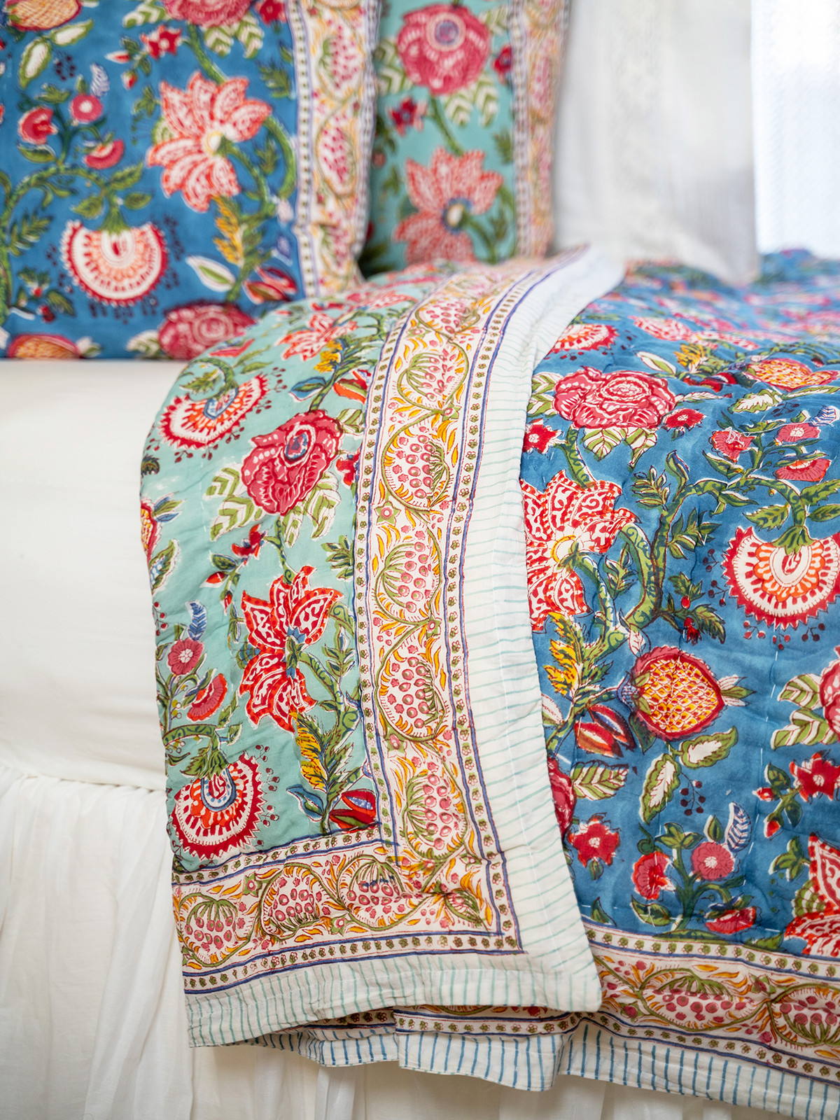 Mirabel Block Print Quilt - Teal | Shop Beautiful Designs by April Cornell