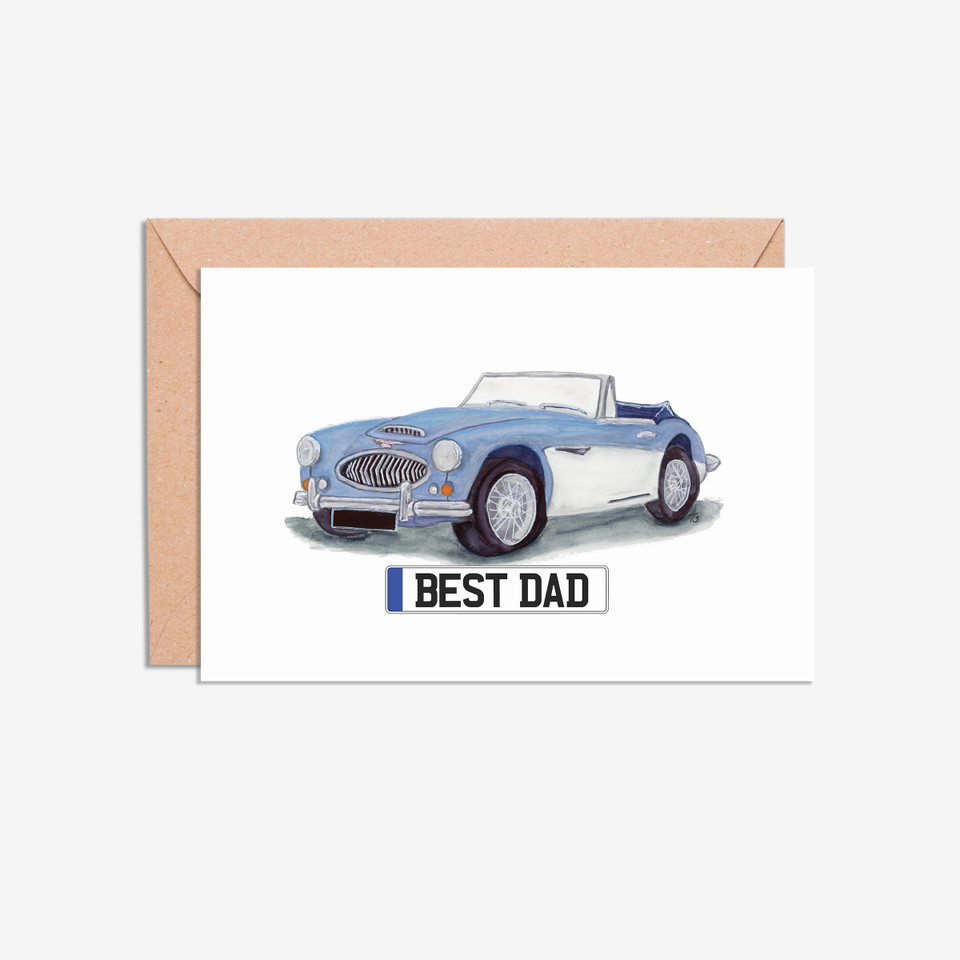 Best Dad Number Plate Austin Healey Car Illustration Card | Typhoon Studios