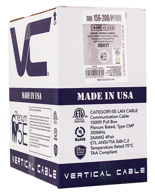 CAT5E Plenum 24AWG UTP 4 Pair Solid Bare Copper 350MHz 1000ft Pull Box ...