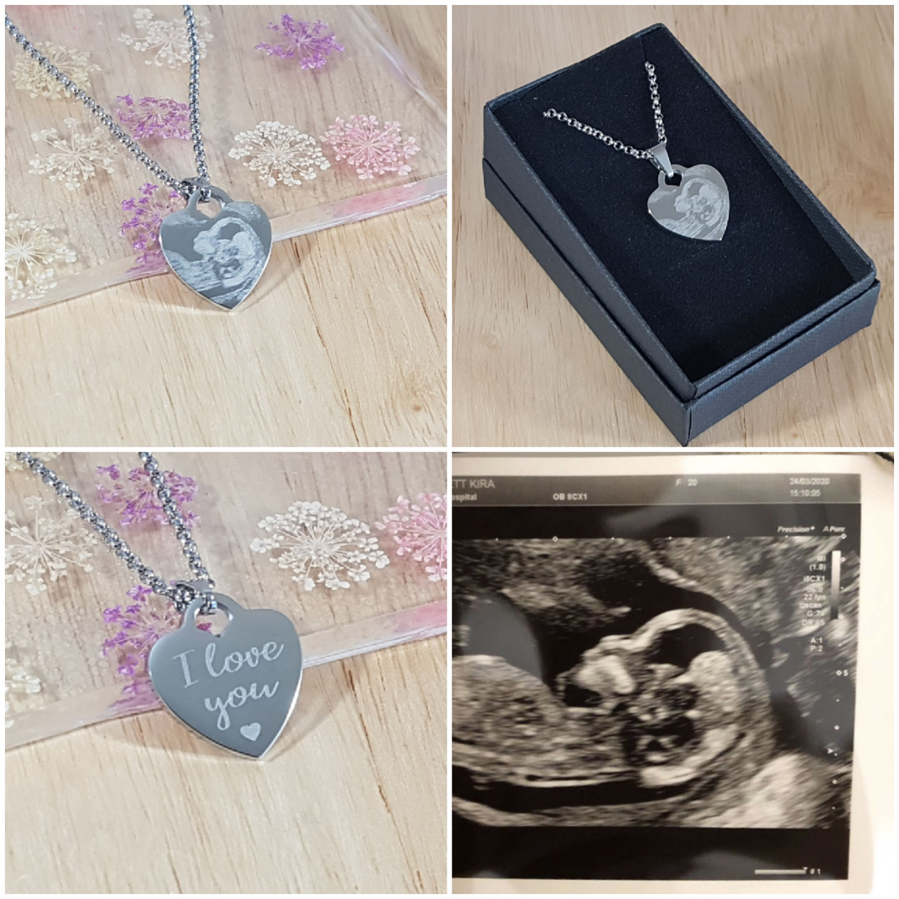 Personalised Scan Photo Engraved Heart Pendant Baby Shower Gift