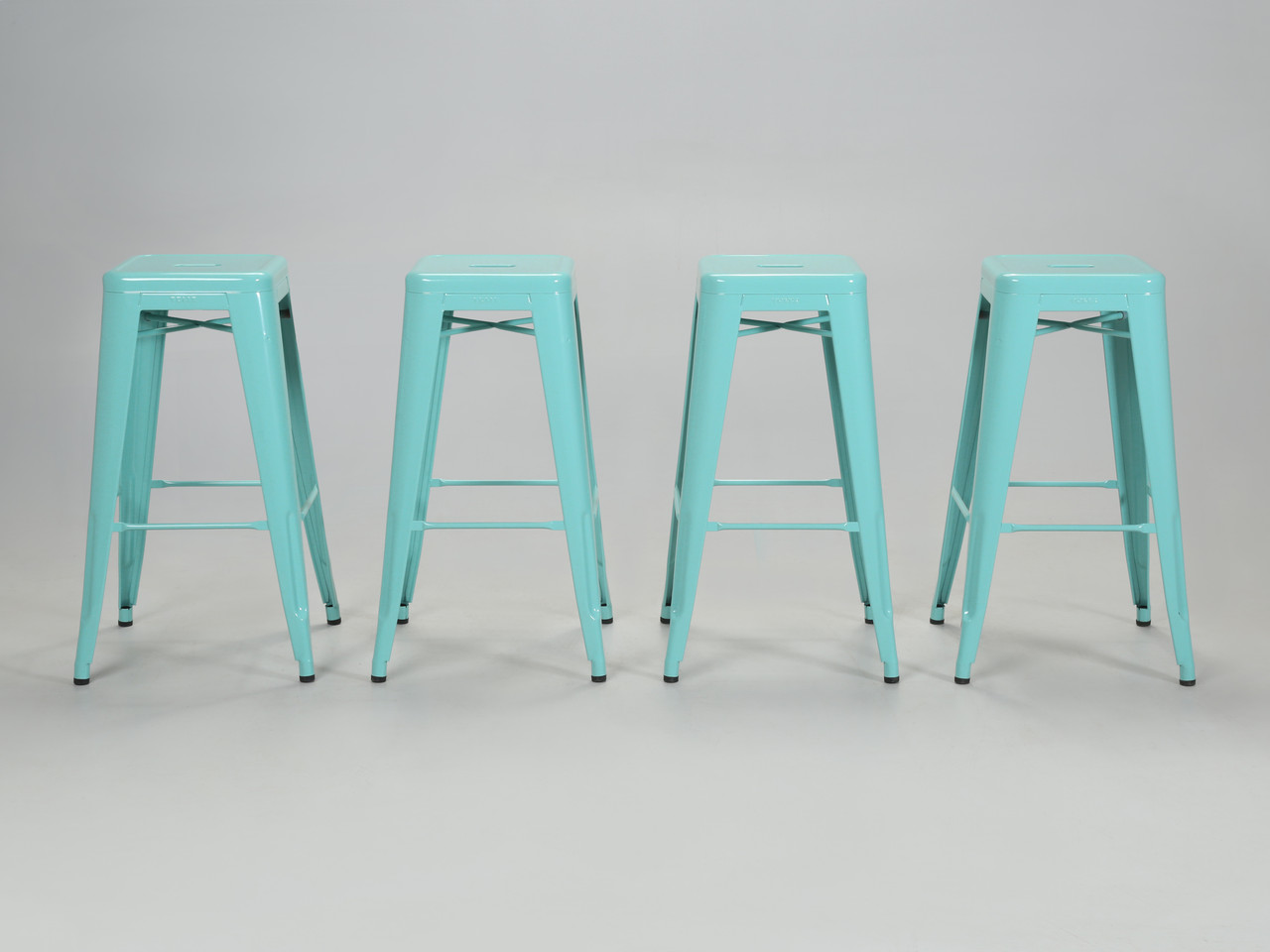 Four Authentic French Tolix Cyan Blue Stacking Bar Stools