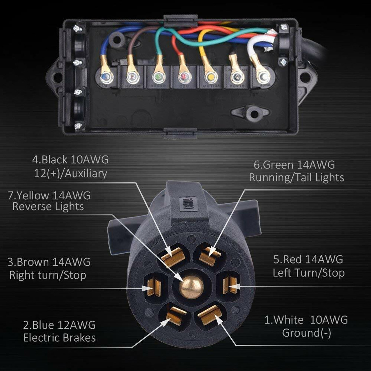 7 Way Plug Inline Trailer Cord with 7 Gang Weatherproof Junction Box 8 Foot