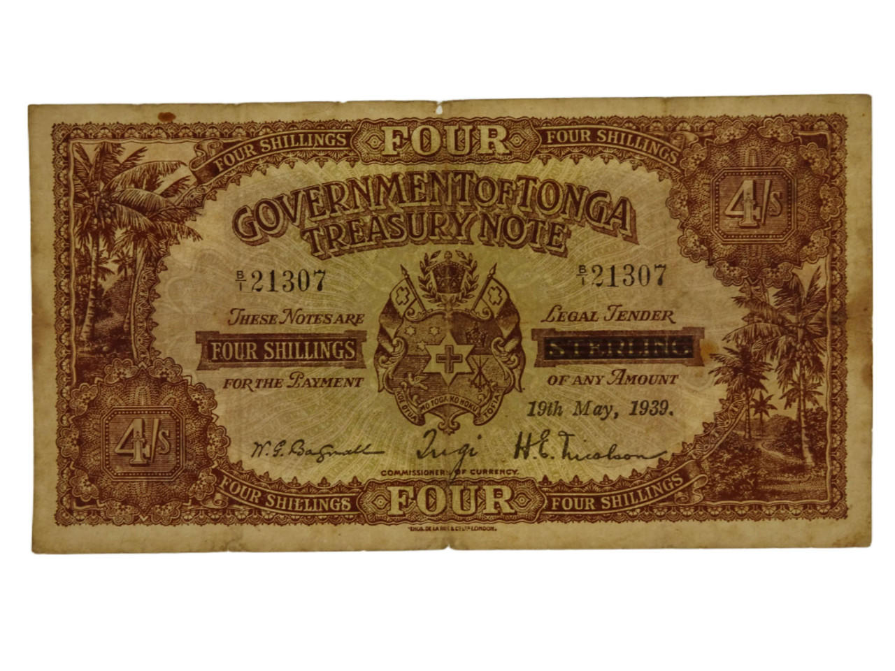 Tonga 1939 4 Shillings Banknote in Very Good Condition