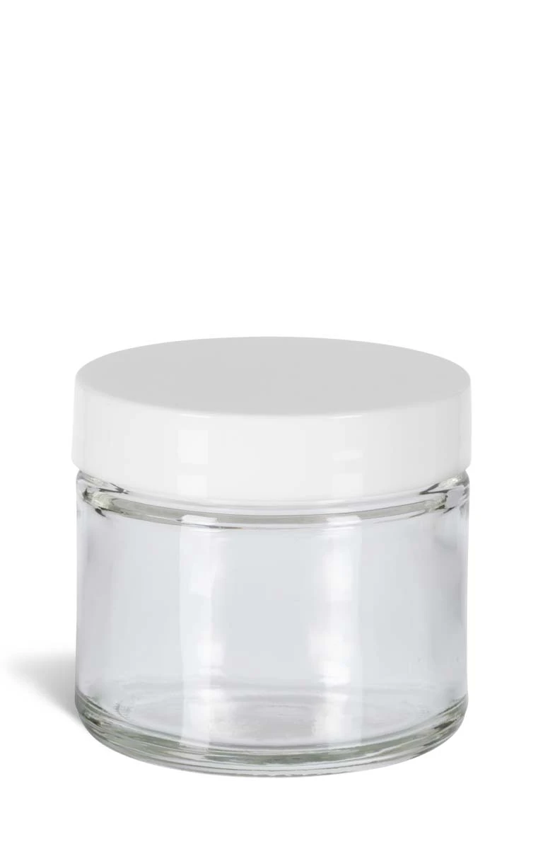 2 oz Clear Glass Jar, Straight Sided, Smooth White Plastic Lid
