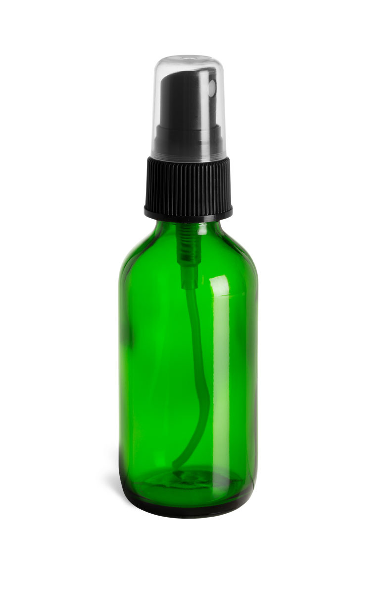 Green Glass Bottle, Black Atomizer, 2 oz | Specialty Bottle