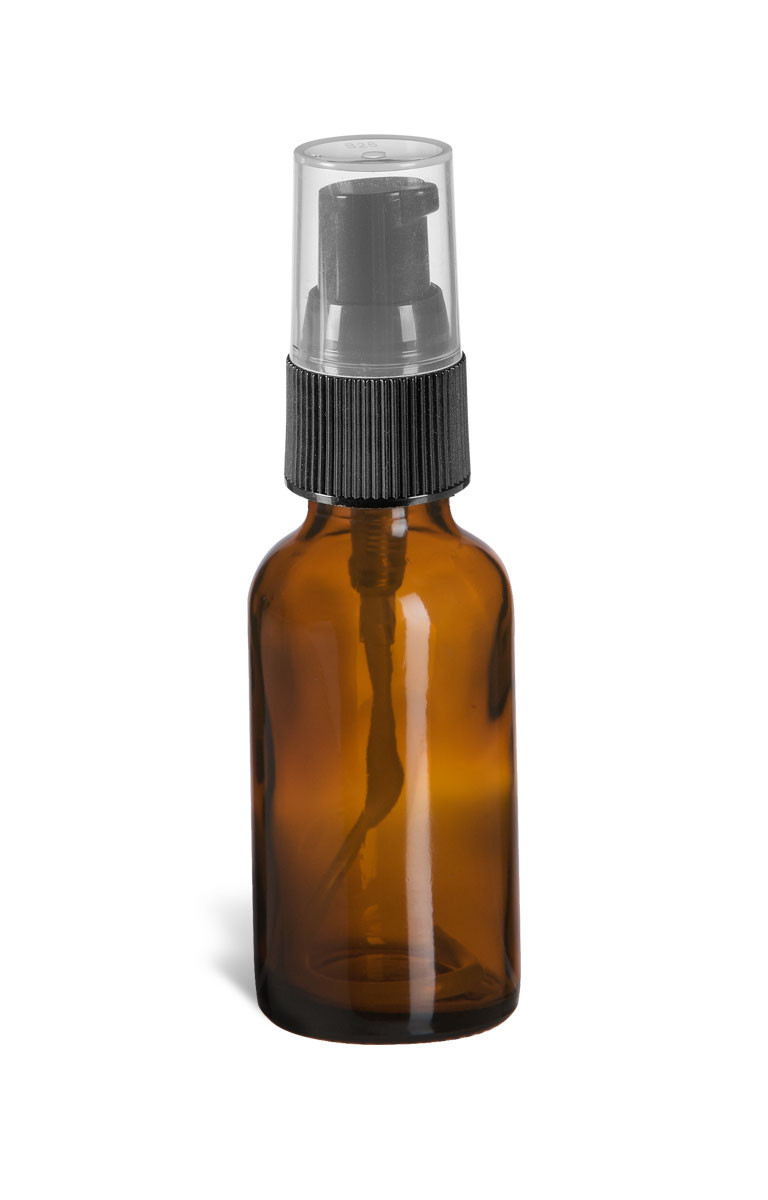1 oz Amber Glass Boston Round Bottle, Black Treatment Pump