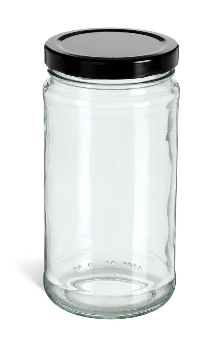 12 oz Clear Glass Tall Jar, Black Metal Lid