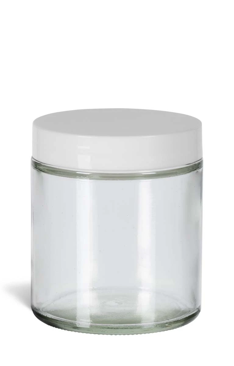 4 oz Clear Glass Jar, Straight Sided, Smooth White Plastic Lid