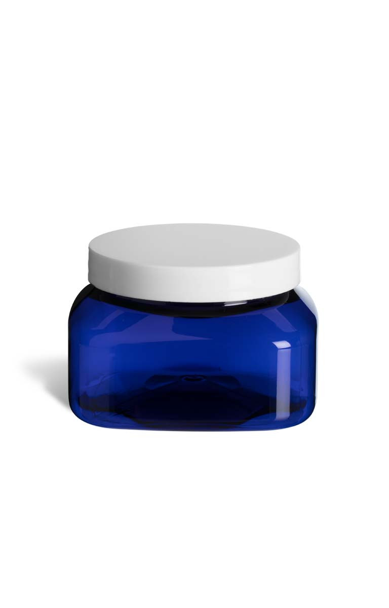 8 oz Blue Plastic Square Jar, Smooth White Lid