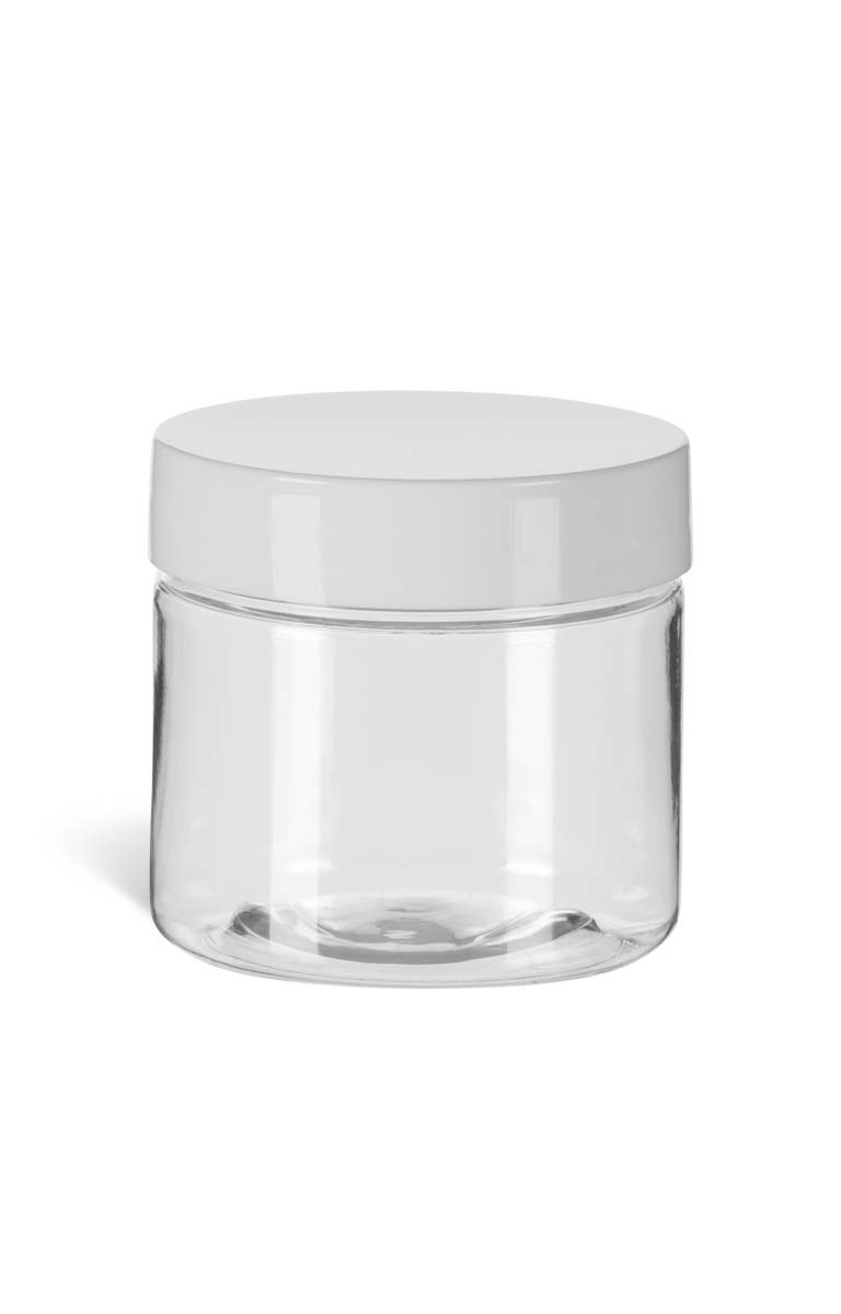 2 oz Clear Plastic Round Jar, Wide Mouth, Smooth White Lid