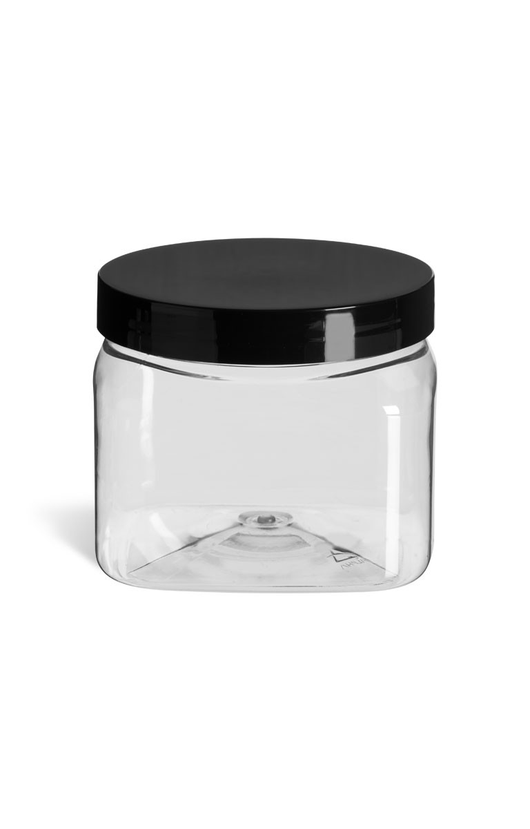 16 oz Clear Plastic Square Jar, Smooth Black Lid