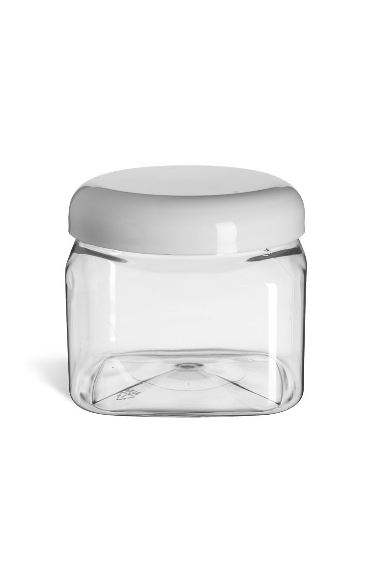 16 oz Clear Plastic Square Jar, White Dome Lid