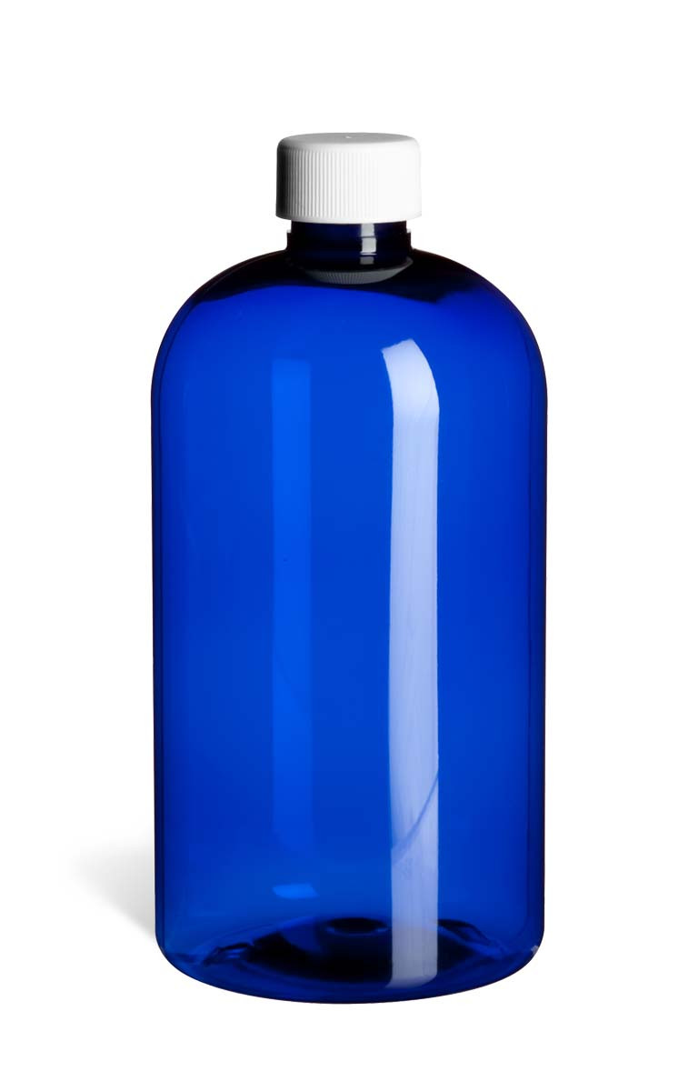 Blue Boston Round Plastic Bottle w/ Wht Cap,16oz|Specialty Bottle