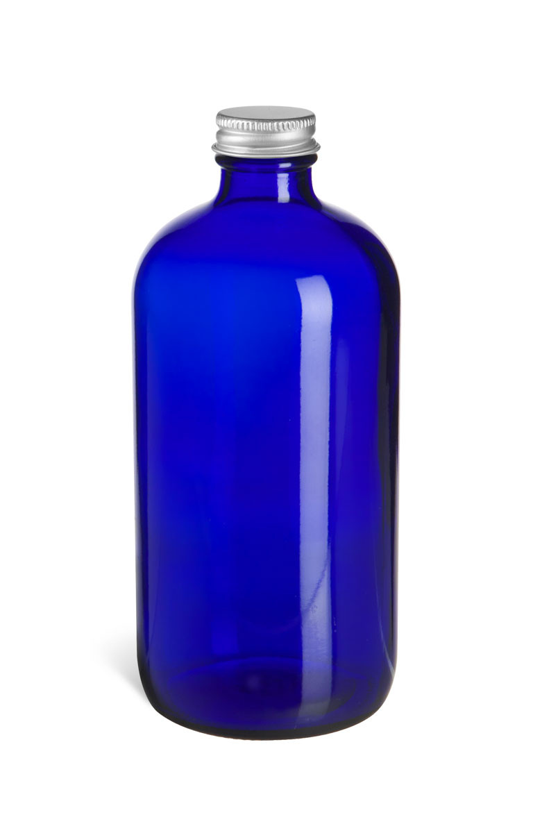 Blue Round Glass Bottle & Silver Cap, 16 oz |Specialty Bottle