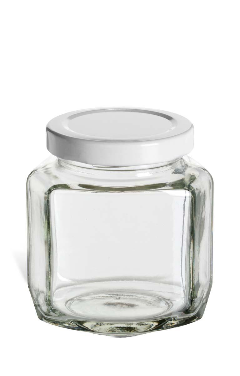Oval Hexagon Glass Jar with White Lid, 6 oz | Specialty Bottle
