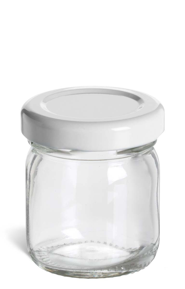 1.5 oz Clear Glass Jam Jar, White Metal Lid