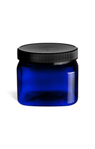 Blue Square Plastic Jar, Black Lid, 16 oz | Specialty Bottle